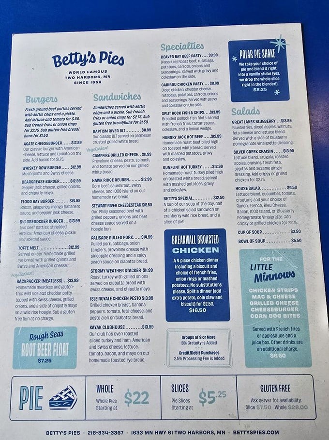 A menu that reads like a love letter to comfort food. The "Polar Pie Shake" isn't just a dessert—it's Minnesota ingenuity at its finest.