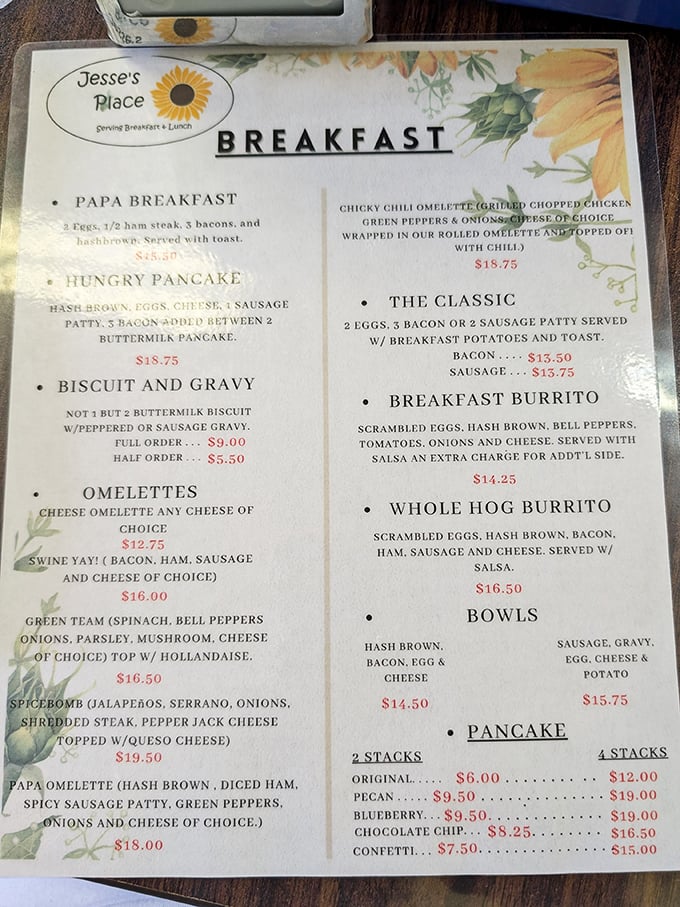 The menu reads like a love letter to breakfast classics – no pretentious descriptions, just straightforward promises of morning bliss.