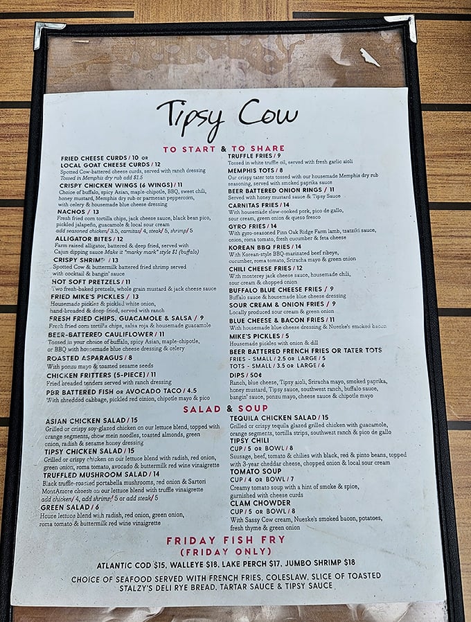 The menu reads like a love letter to Wisconsin comfort food. Each item practically whispers, "Yes, this is exactly what you're craving right now."