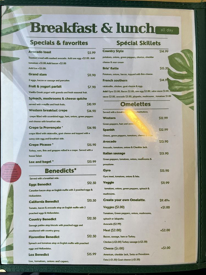 This extensive menu proves that fusion cuisine reaches its peak when gyro meets omelet.