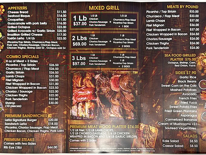This menu isn't just a list—it's a roadmap to carnivorous bliss. The mixed grill section alone could bring tears to a meat lover's eyes.