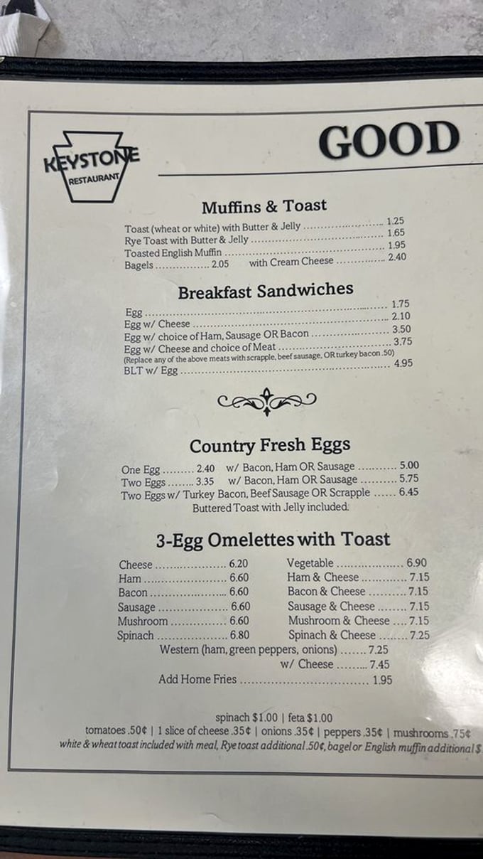 A menu that reads like poetry to the breakfast-obsessed. Notice how reasonably priced everything is? That's not a typo – that's diner magic.