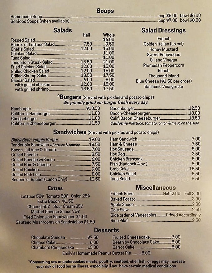 No trendy QR codes here—just an honest-to-goodness printed menu that reads like a love letter to classic American cuisine.