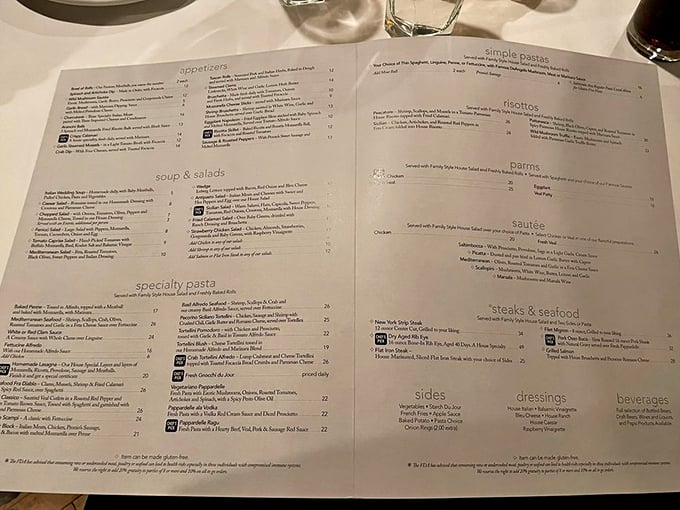 A menu that doesn't need trendy fonts or QR codes—just the promise of Italian-American classics done right.