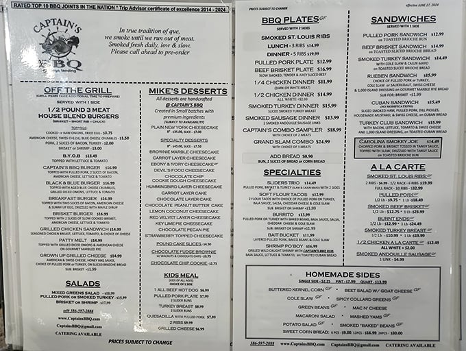 The menu board – a roadmap to smoked meat paradise. Each line represents a potential life-changing barbecue experience, from ribs to brisket to homemade sides.