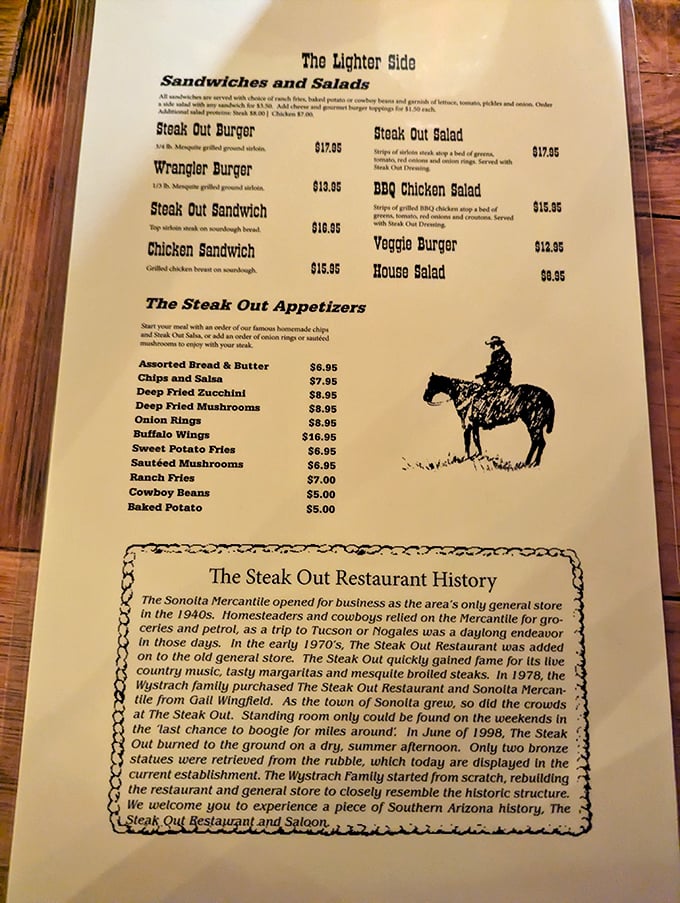 A menu that gets straight to the point—no fancy descriptions needed when the food speaks for itself. Cowboy cuisine at its finest.