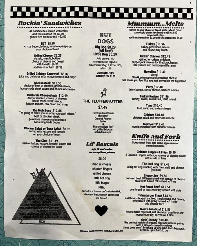 This menu isn't just a list of food—it's a roadmap to happiness with "Rockin' Sandwiches" and a "Fluffernutter" that would make Elvis proud.