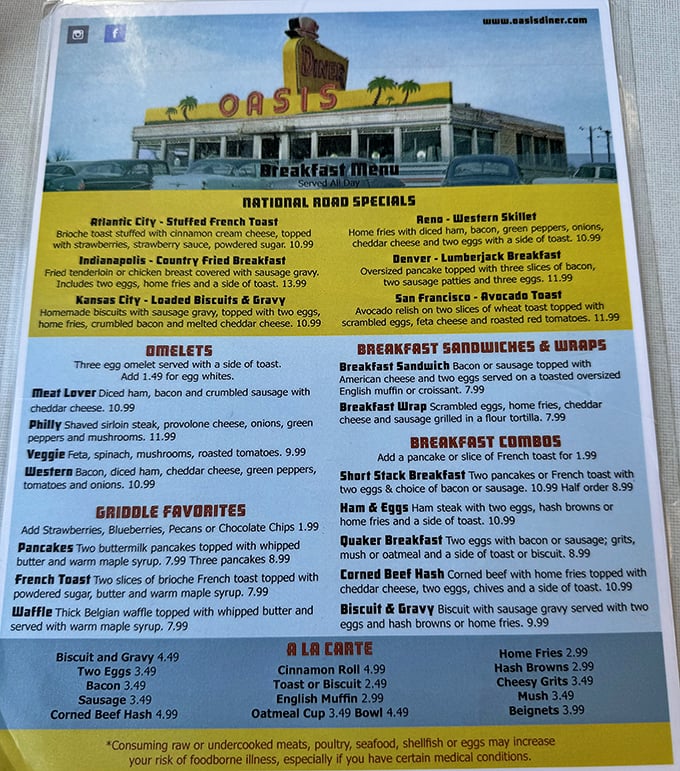 The breakfast menu reads like poetry to hungry souls—"National Road Specials" paying homage to the historic highway this chrome treasure calls home.