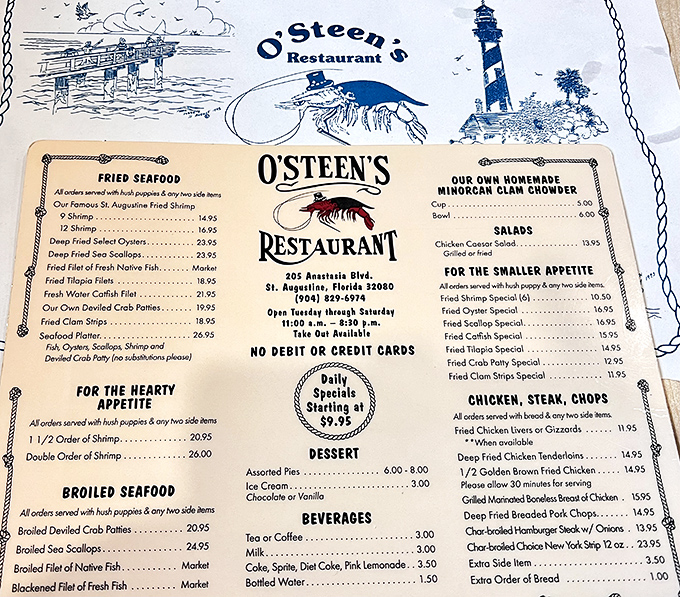 The menu at O'Steen's is like a treasure map where X marks every spot. Notice that "NO DEBIT OR CREDIT CARDS" warning—they're serious about that.
