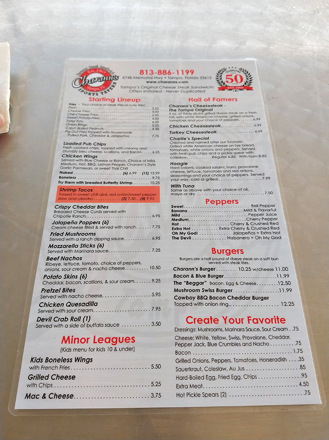 The menu tells the whole story – "Tampa's Original Cheesesteak" sits proudly in the Hall of Famers section for good reason.