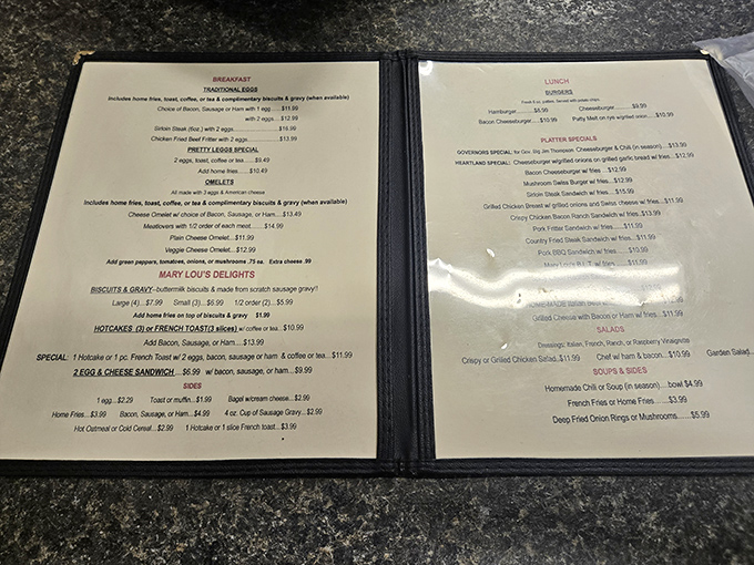 This menu isn't trying to impress with fancy fonts or trendy superfoods—it's the culinary equivalent of a firm handshake.