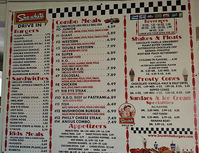 The menu board tells a story of American culinary consistency—where a "Giant" burger still means something and milkshakes come in flavors you can pronounce.