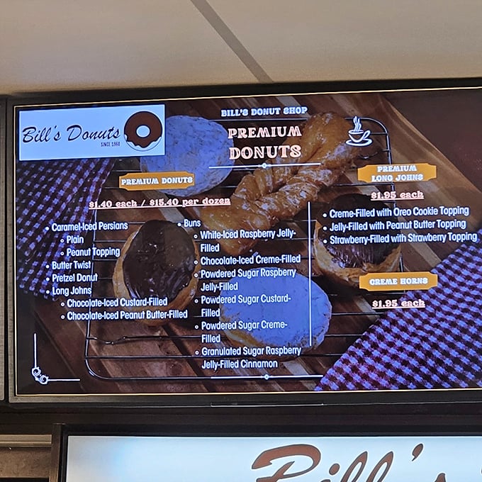 This menu board isn't just listing options—it's offering life choices. The hardest decision you'll make today is which donut to try first.
