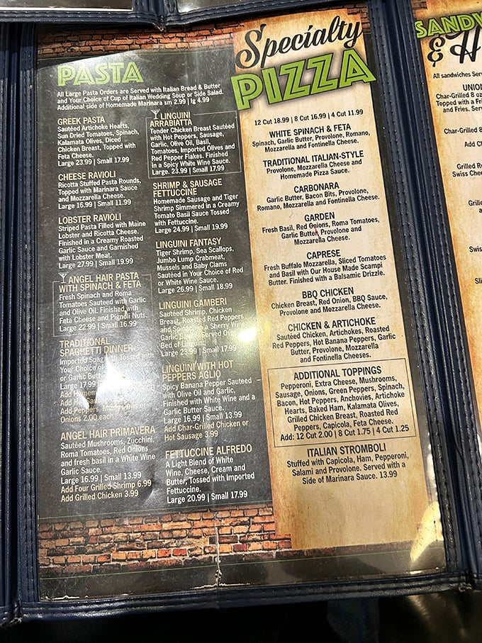 A menu that reads like a love letter to Italian-American cuisine. Each description promises a happy stomach and possibly a necessary nap afterward.