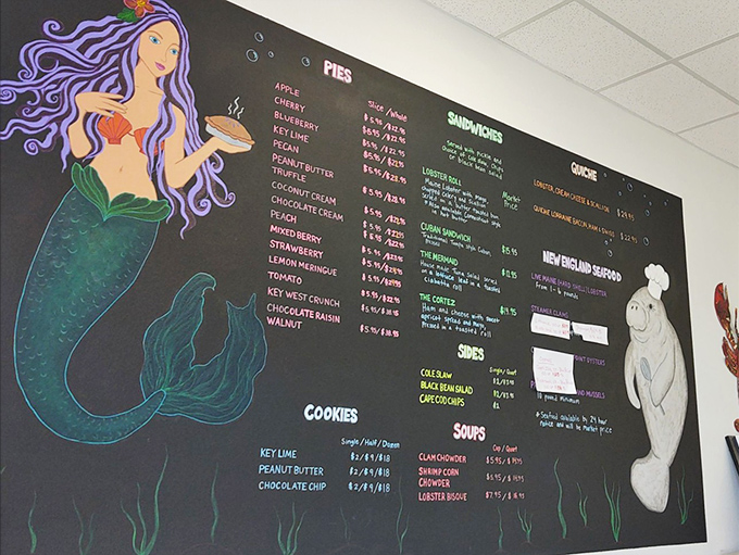A mermaid guards the menu like a delicious treasure map. Those pie prices? A bargain that would make even the most frugal sailor smile.