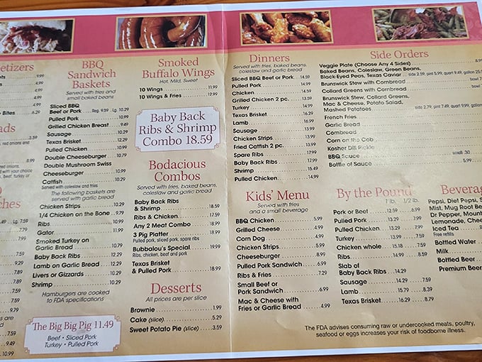The menu board—a sacred text for the barbecue faithful. Study it carefully, though regulars have long ago committed their order to memory.