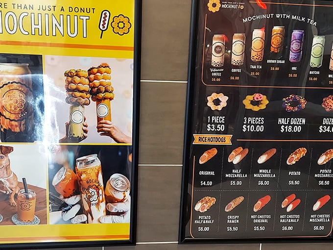 The menu board showcases Mochinut's triple threat: mochi donuts, Korean rice dogs, and milk teas—a trifecta of international delights.