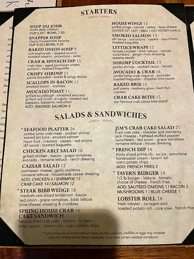 The menu reads like a love letter to classic American cuisine, with seafood taking center stage alongside that legendary prime rib.