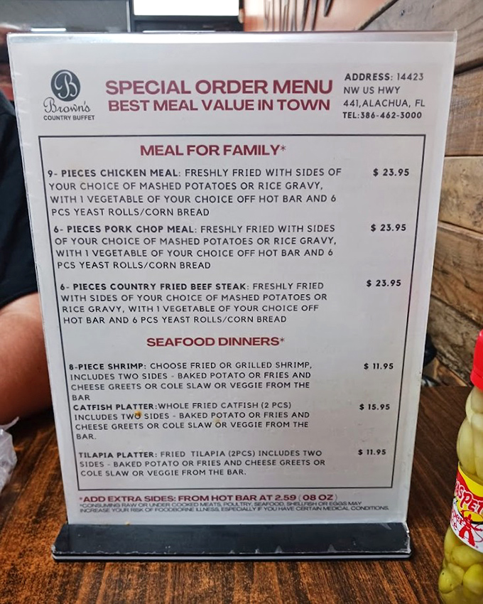 The special order menu offers family-style meals that could feed a small army – or one very determined food enthusiast.
