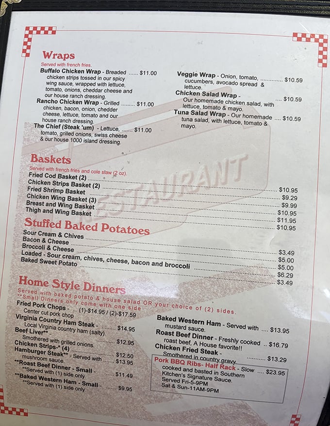 The menu reads like a love letter to Southern comfort food – wraps, baskets, and home-style dinners that make decision-making the hardest part of your visit.