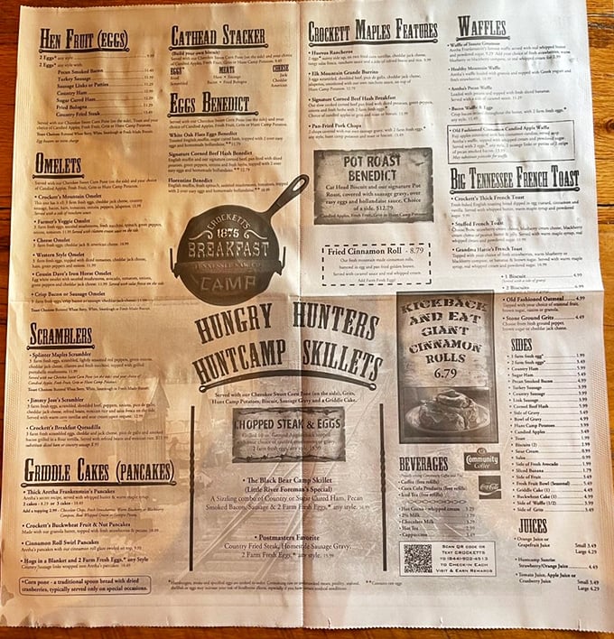 This isn't just a menu—it's a treasure map to breakfast nirvana. "Cathead Stacker" and "Hungry Hunter Skillets" aren't just meals, they're adventures.