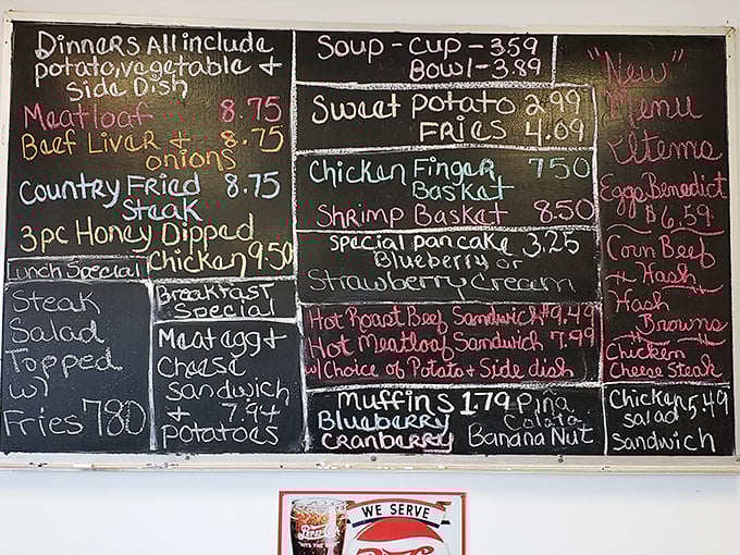 The chalkboard menu is like a love letter to comfort food. No fancy fonts, just straight talk about what's going to make you happy today.