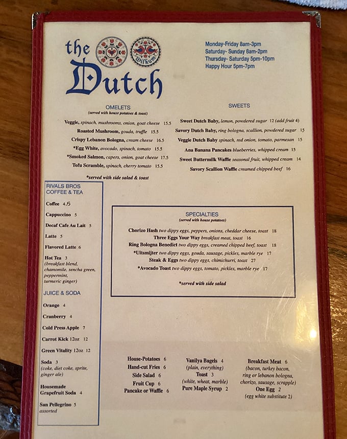 The menu reads like a love letter to morning indulgence – Dutch Babies, drippy eggs, and the promise that maple syrup is indeed pure.