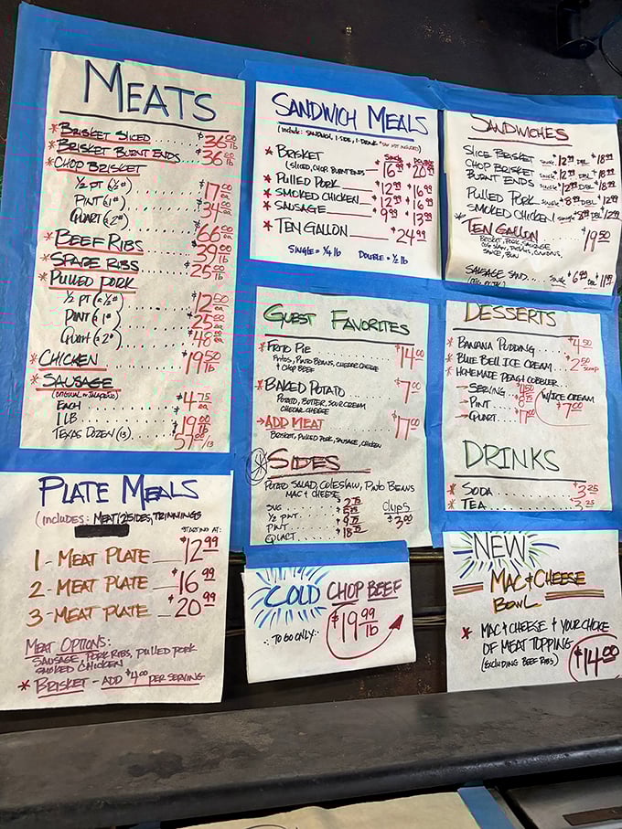 This handwritten menu isn't just a list of options—it's a treasure map to meat paradise. No fancy fonts needed when the food speaks this loudly.