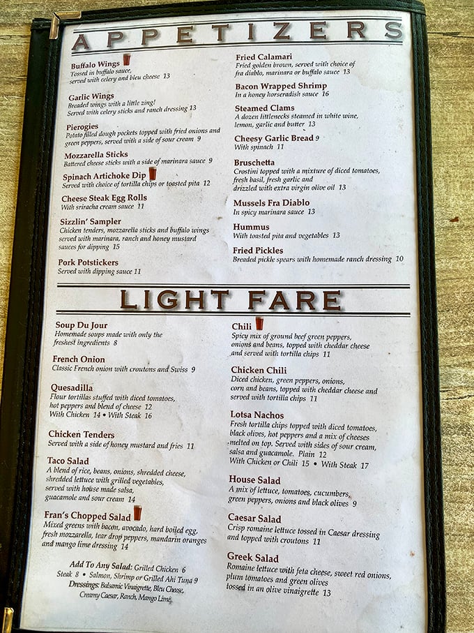 The menu doesn't just list food—it maps a journey through comfort classics. Each appetizer is a doorway to happiness.