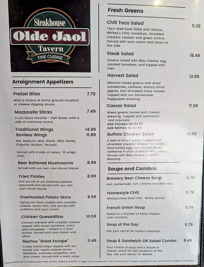 The menu's "Arraignment Appetizers" section proves even legal puns taste better when followed by beer-battered mushrooms and pretzel bites.