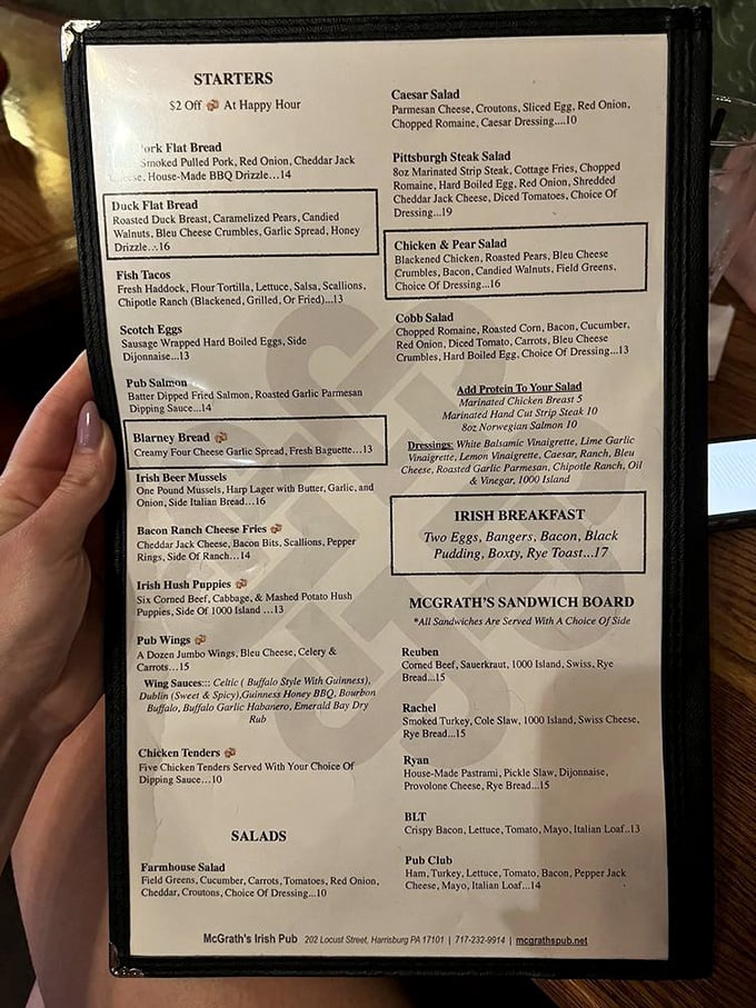 The menu reads like a love letter to Irish comfort food, with enough options to keep you coming back weekly for a year.