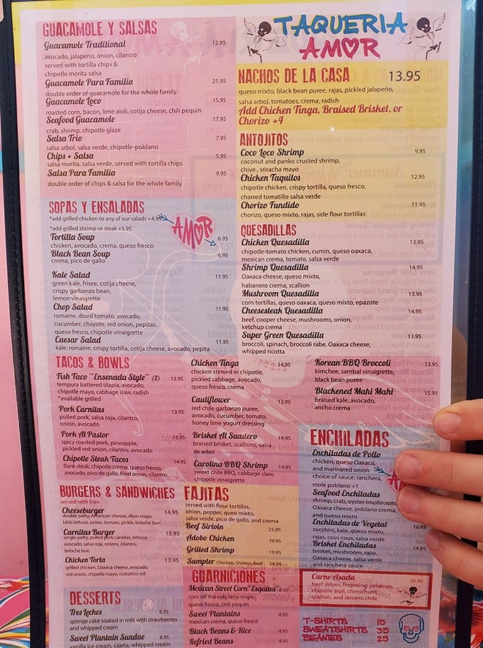 This menu isn't just a list of food—it's a roadmap to happiness with destinations like "Carolina BBQ Shrimp" and "Super Green Quesadilla."