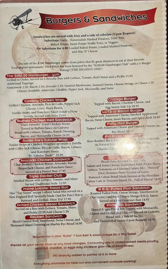 The menu reads like a flight plan for your taste buds, with the legendary "$100 Hamburger" paying homage to pilots who'd fly cross-country just for a great meal.