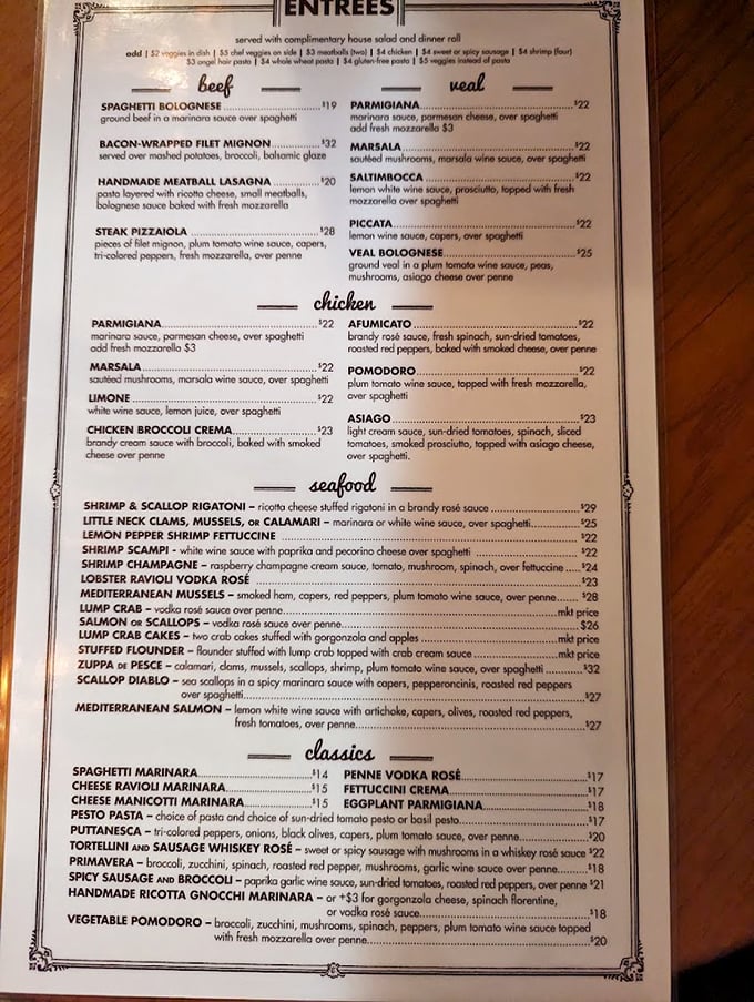 The menu reads like a love letter to Italian-American cuisine with a seafood twist. Notice how the "Lump Crab" section commands its own special territory.
