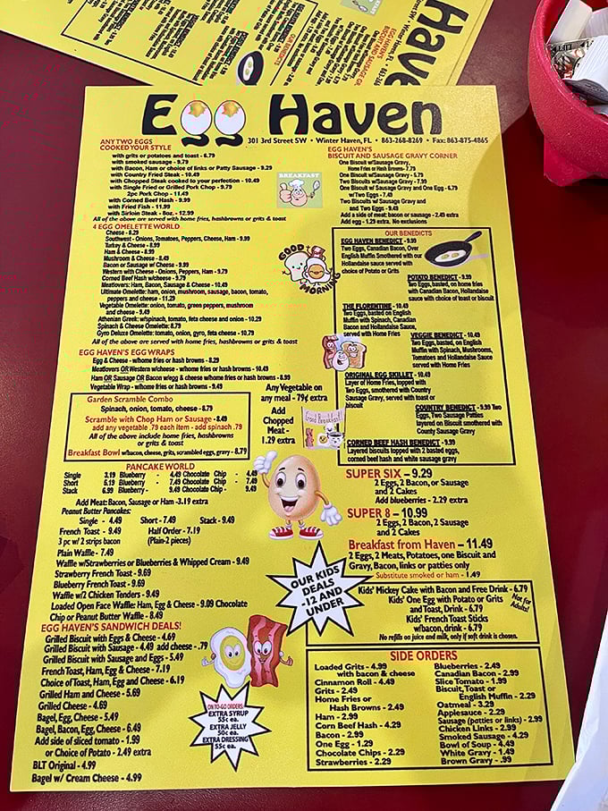 The menu reads like a love letter to breakfast, with cartoon eggs cheerfully guiding you through a labyrinth of morning possibilities.