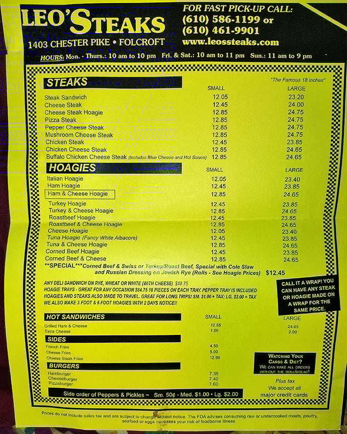 The legendary menu board at Leo's—a yellow testament to sandwich possibilities that has launched a thousand cravings and satisfied generations of Pennsylvanians.