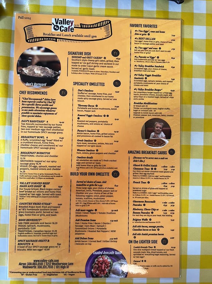 The menu reveals the star attraction – shrimp and grits that would make a Southern grandma nod in approval.