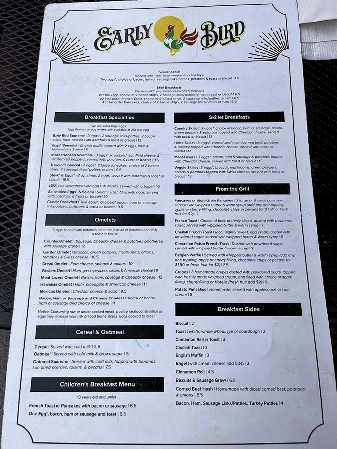 The menu reads like a love letter to breakfast classics – each item promising the comfort food equivalent of a warm hug.