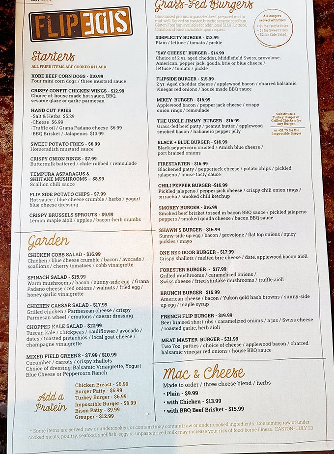 The menu reads like a love letter to comfort food—each description a promise that your diet starts tomorrow.