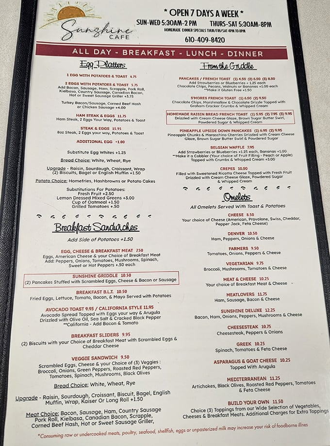 The menu reads like a love letter to breakfast enthusiasts, with that legendary Cheesesteak Omelet holding court among the classics.