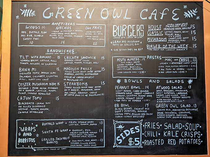 The chalkboard menu reads like a love letter to comfort food. Each carefully scripted item promises a flavor adventure worth embarking on.
