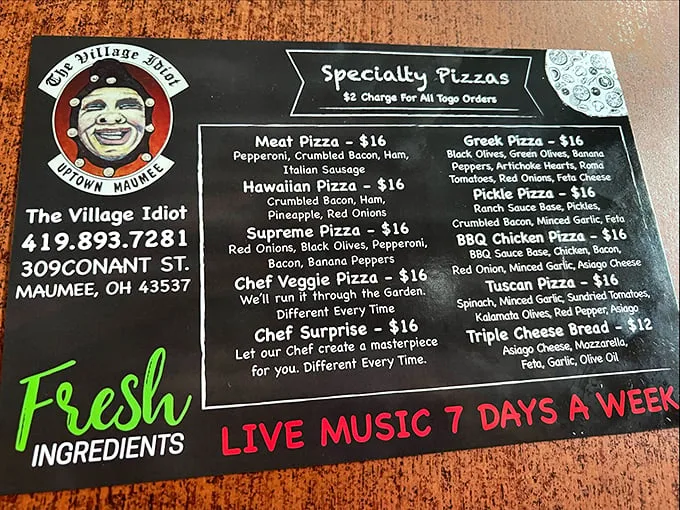 The menu doesn't mince words – just promises pizza greatness. That Italian sausage option hiding in plain sight is what culinary pilgrimages are made for.