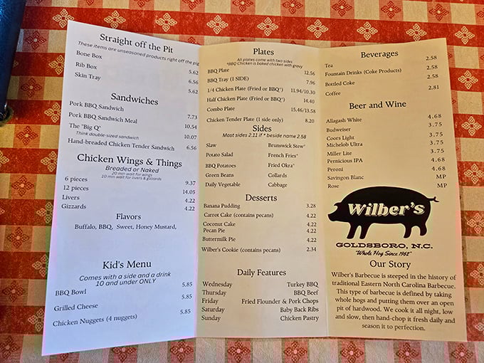 The menu tells the story—Eastern NC barbecue in its purest form. No fancy fonts needed when the food speaks this eloquently.