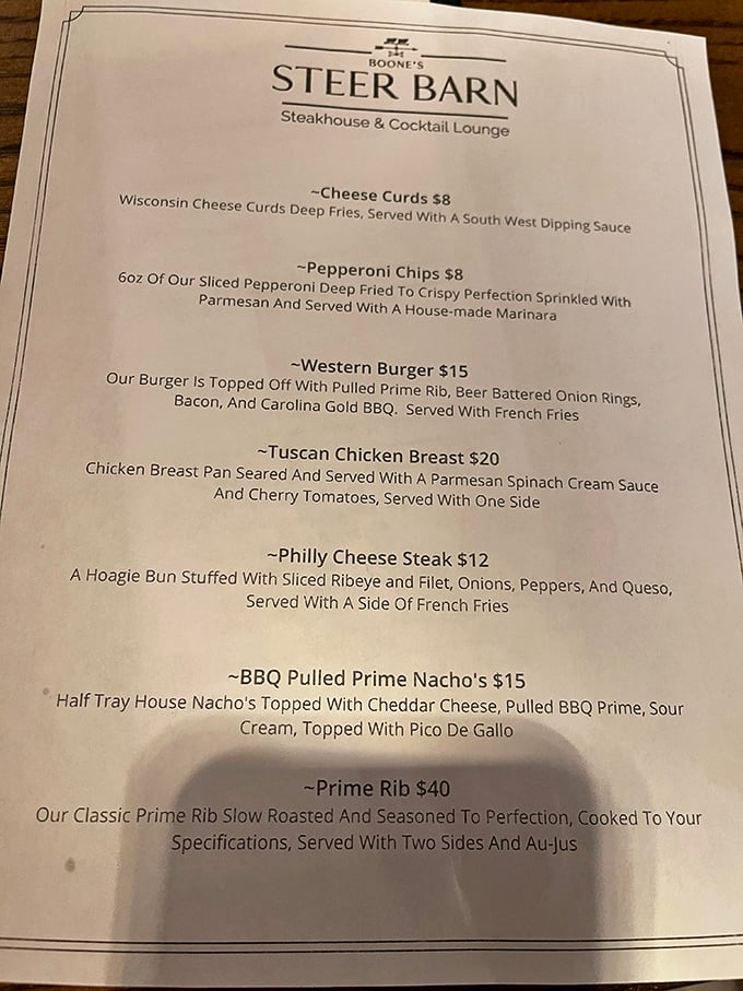 This menu isn't just a list—it's a love letter to carnivores. The Western Burger with pulled prime rib might just be the most beautiful relationship between beef and bun in Ohio.