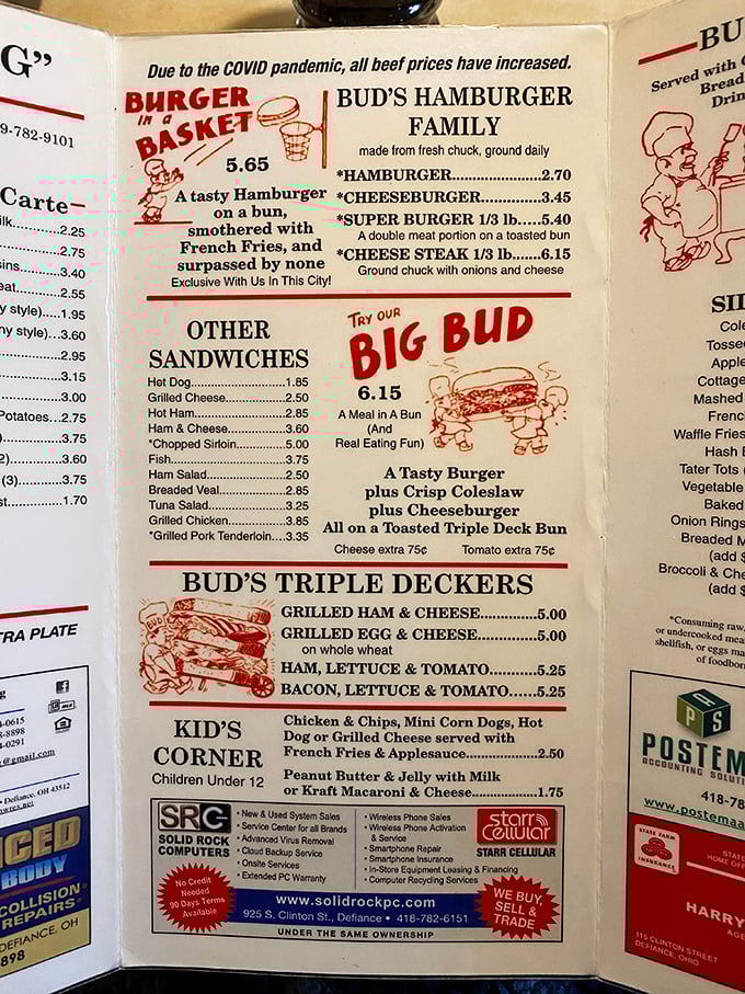 Bud's menu reads like a love letter to American classics—where the "Big Bud" isn't just a burger, it's a commitment.