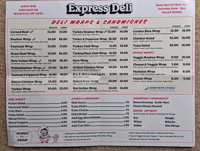 This menu isn't just a list—it's a roadmap to happiness. The Reuben Wrap beckons like an old friend who always knows exactly what you need.