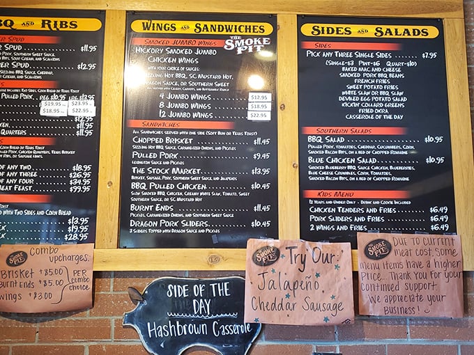 The menu board—a roadmap to happiness where every direction leads to something delicious. Choose your own barbecue adventure!