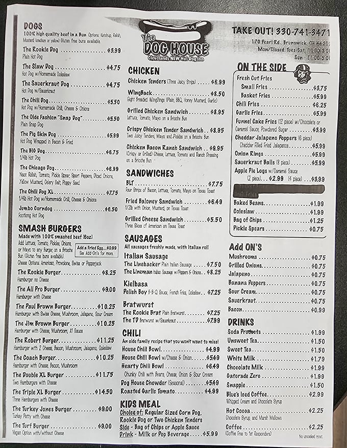 The menu of dreams for indecisive food lovers. Reading it feels like being a kid in a candy store, except the candy is hot dogs and the store is paradise.