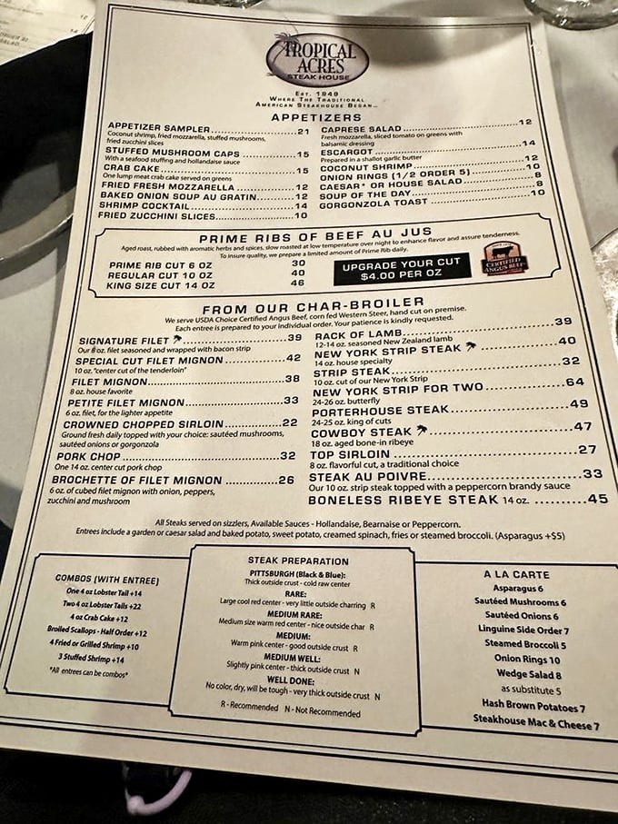 A menu that doesn't need QR codes or augmented reality—just straightforward excellence with steak temperatures clearly defined for the indecisive.
