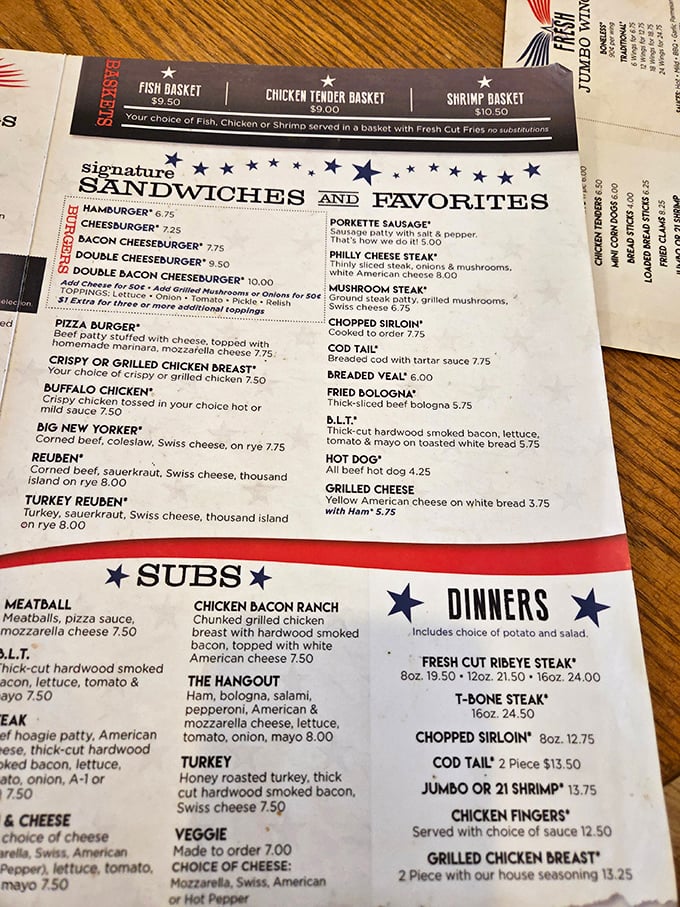 A menu that reads like a love letter to American comfort food. No molecular gastronomy here—just the classics done right, with prime rib stealing the spotlight.